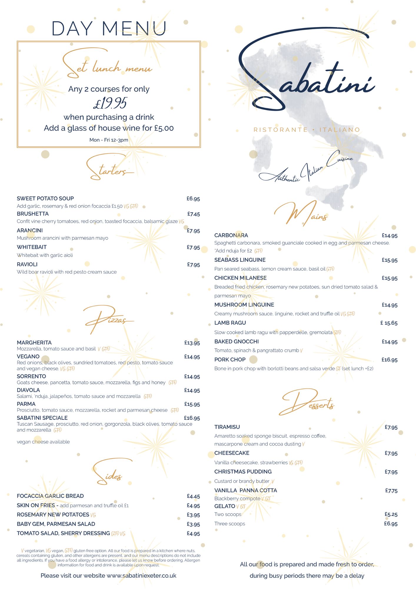 Menus - SABATINI - Italian Restaurant Exeter