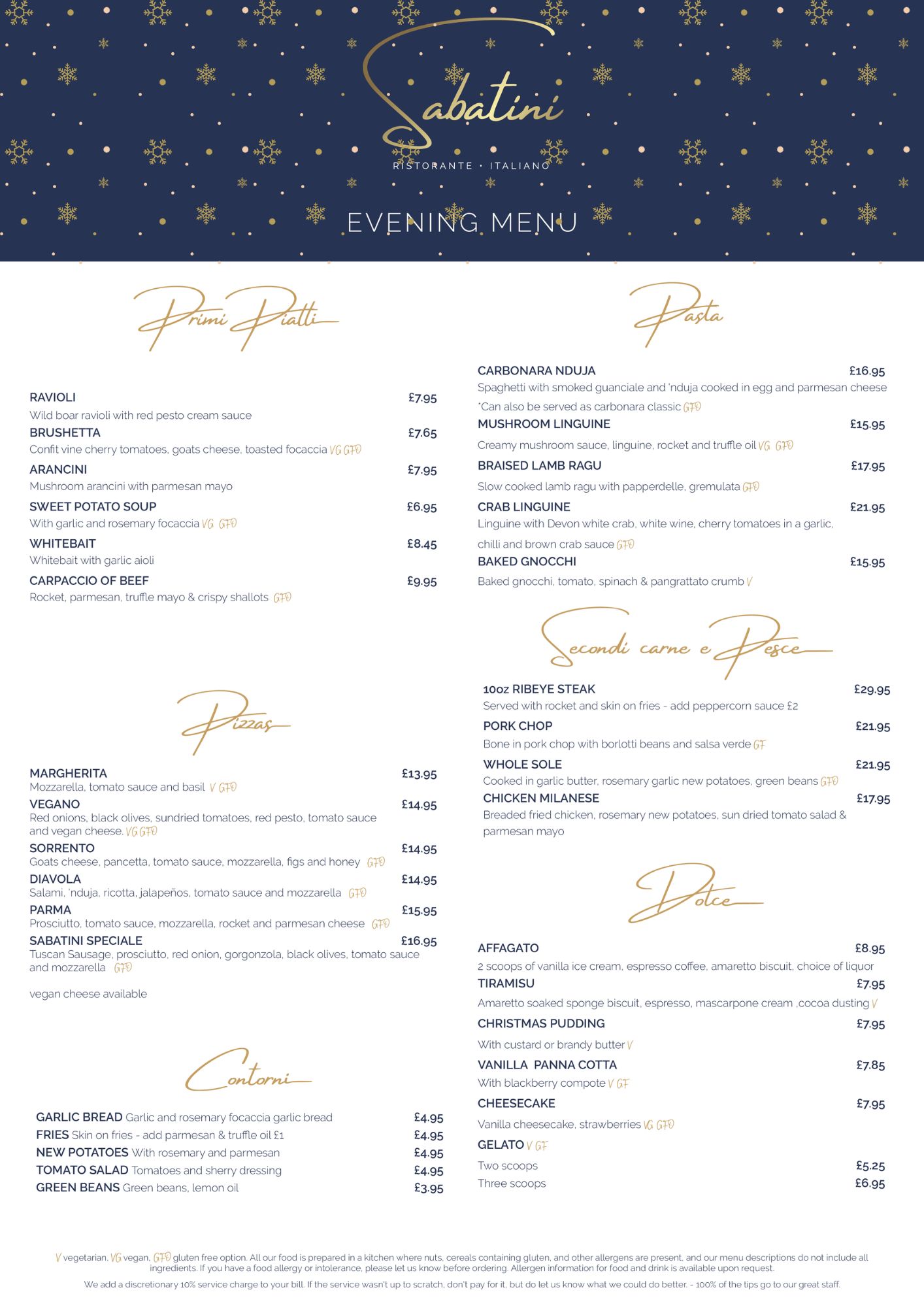Menus - SABATINI - Italian Restaurant Exeter